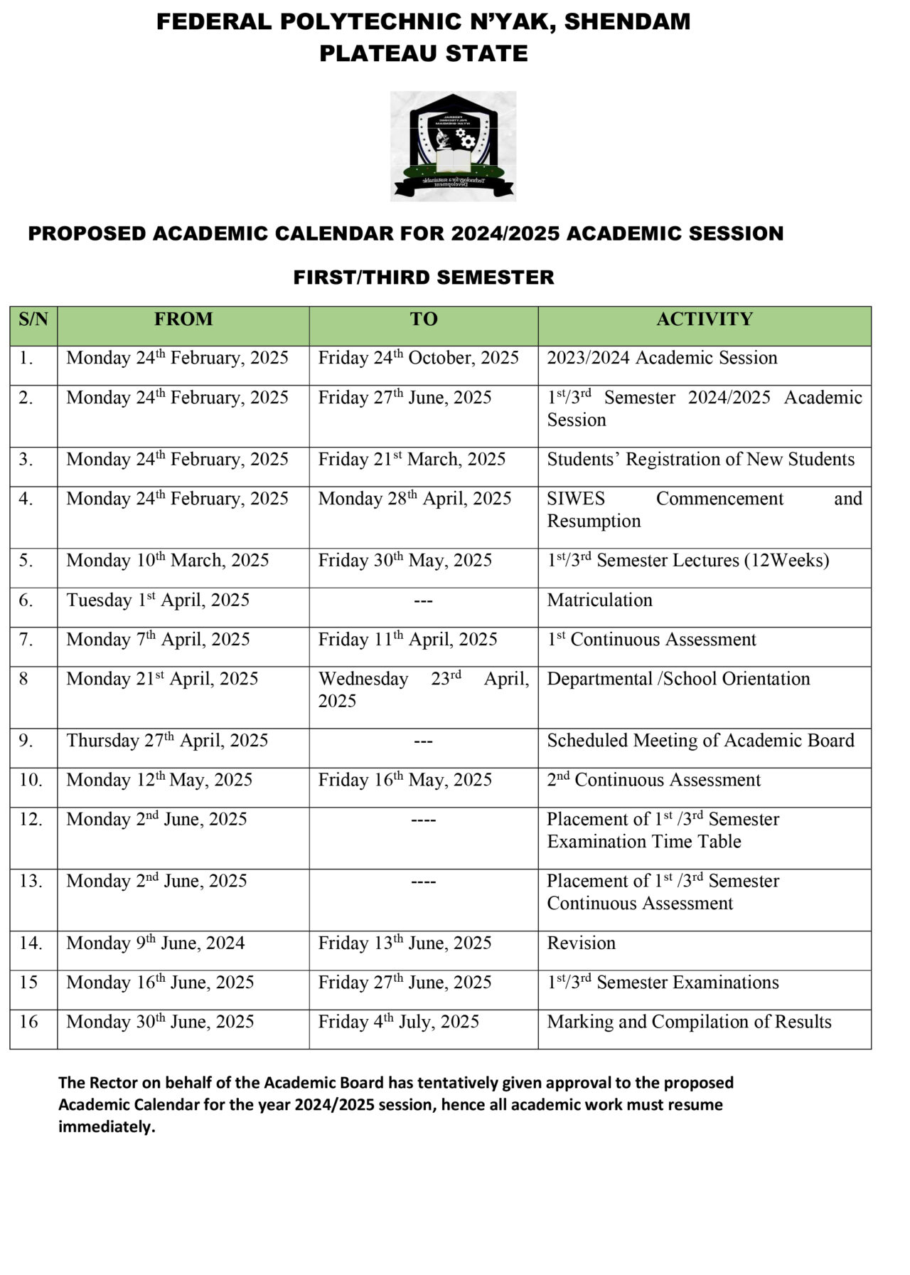 Federal Polytechnic Nyak Shendam – Plateau State.