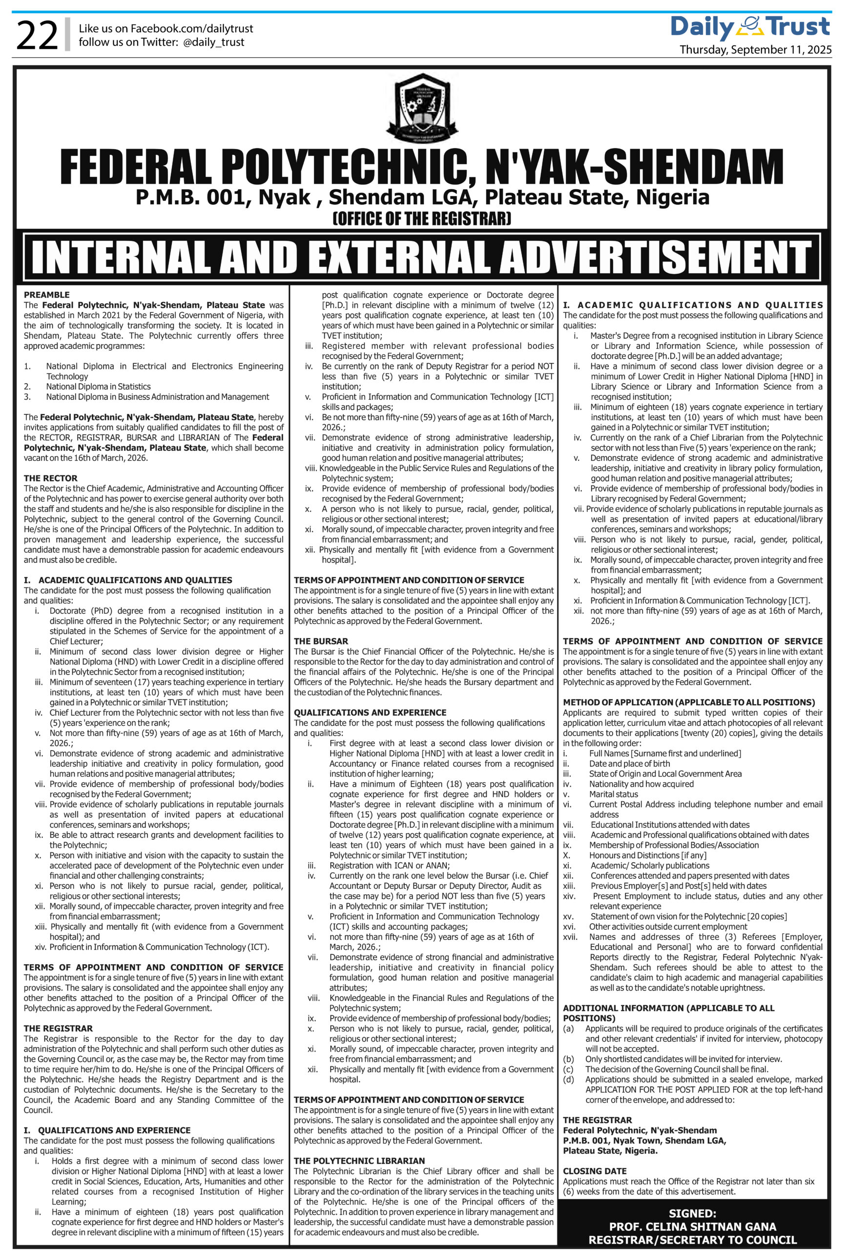 Federal Polytechnic Nyak Shendam – Plateau State.